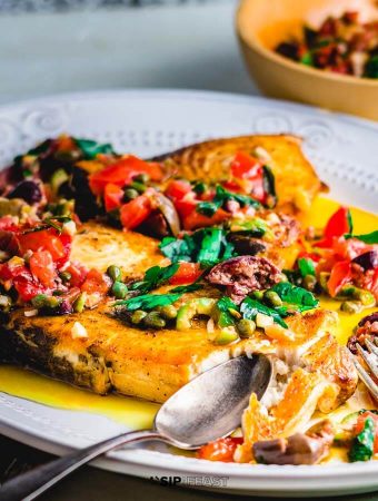 Pan Seared Swordfish Steaks With Olives And Capers - Sip and Feast