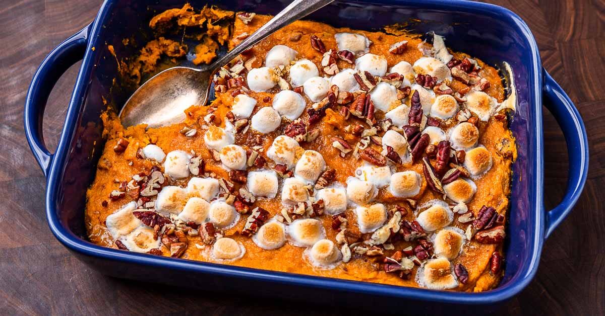 Sweet Potato Casserole With Marshmallows And Pecans Sip And Feast