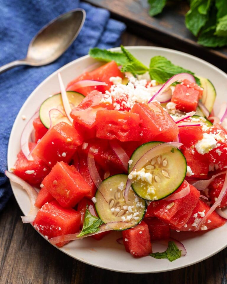 Watermelon Feta Salad with Cucumber and Mint - Sip and Feast