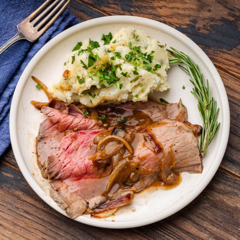 Beef Top Round Roast with Onion Gravy - Sip and Feast