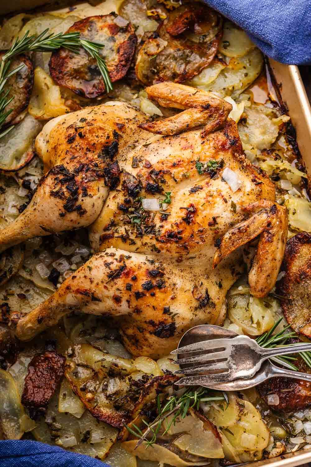 Spatchcock Rosemary Chicken and Potatoes - Sip and Feast