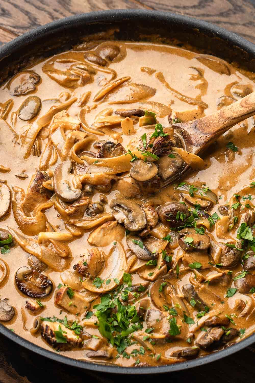 Easy Creamy Chicken Stroganoff - Sip and Feast