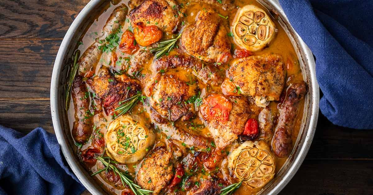 One Pan Rosemary Chicken with Sausage and Tomatoes